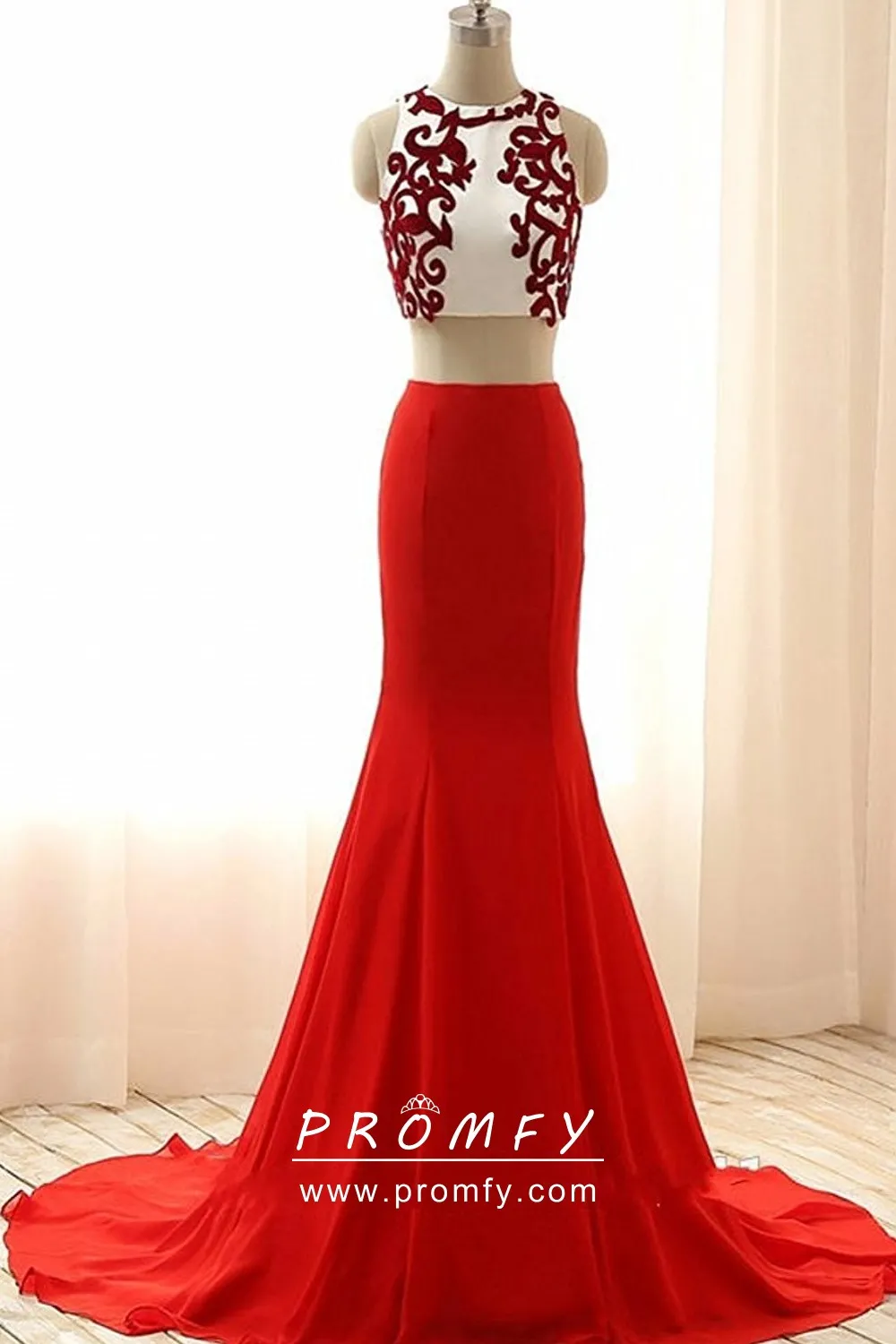 Appliqued Ivory Top Red Skirt Two-piece Prom Dress - Promfy