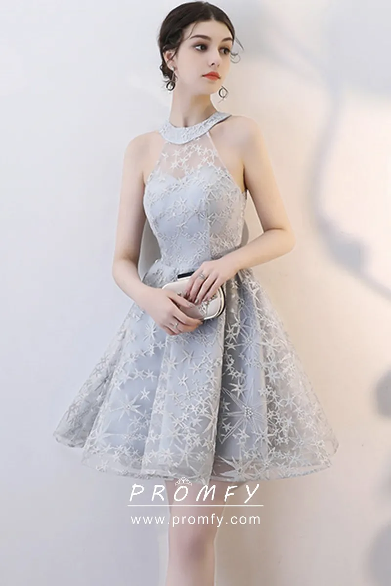 Stars Glitter Gray Short Halter Neck Cocktail Dress - Promfy
