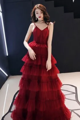 Great Red Tulle Pleated Ruffled & Tiered Prom Dress - Promfy