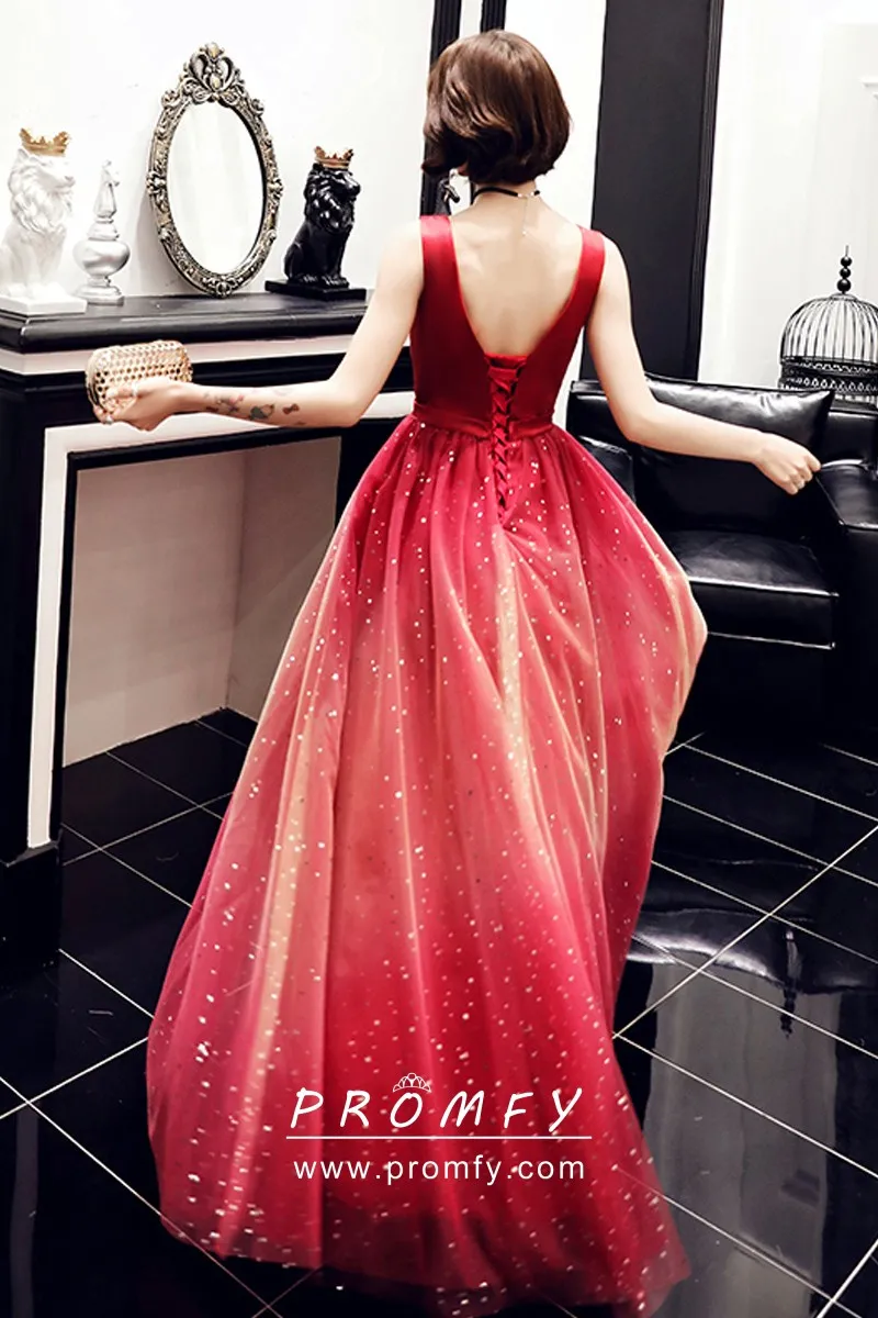Fashion Red Satin and Glitter Tulle Long Prom Dress - Promfy
