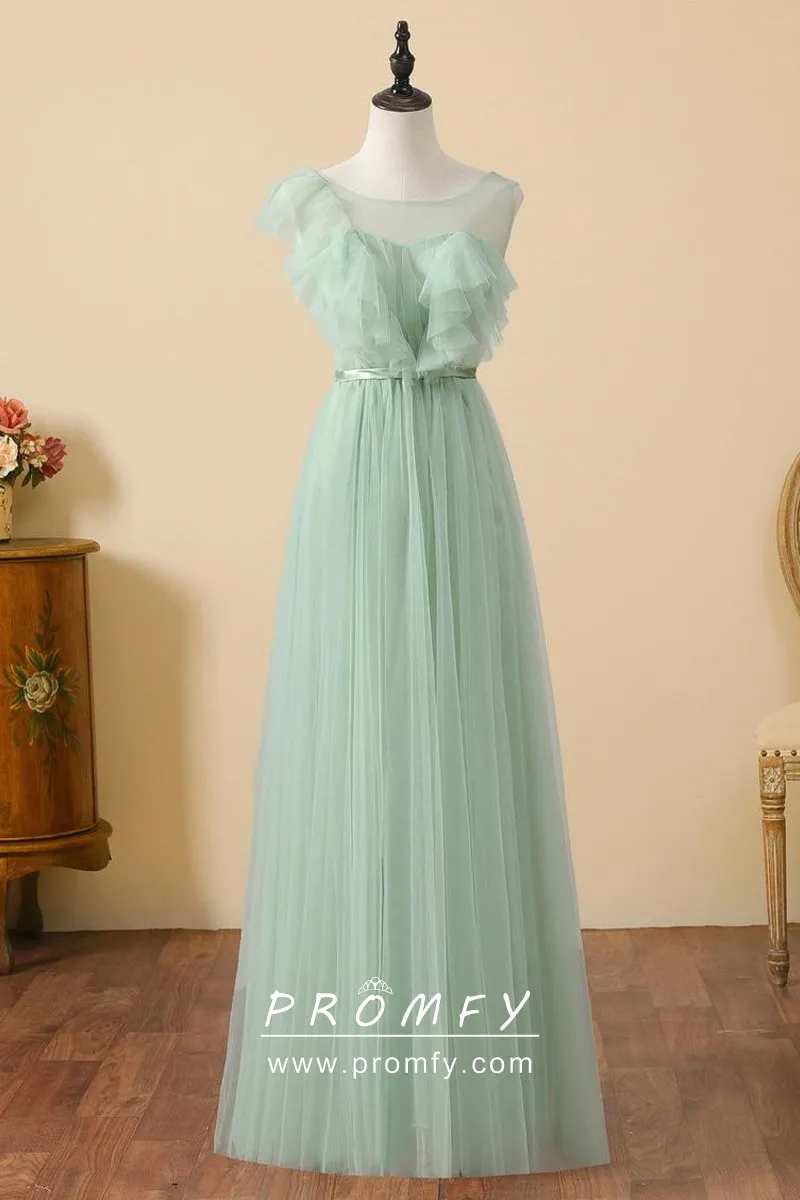 Asymmetrical Ruffled Mint Green Tulle Evening Dress - Promfy