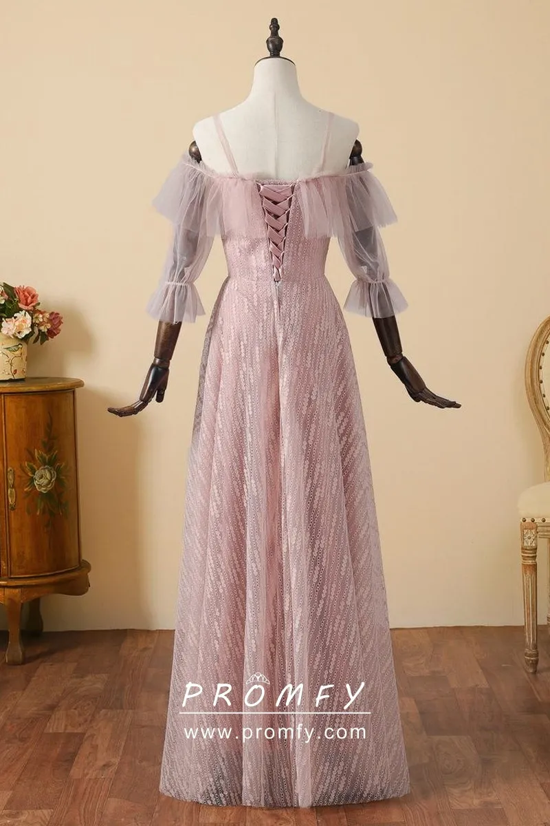 Adorable Sheer 3/4 Sleeves Ruffled Pink Prom Dress - Promfy