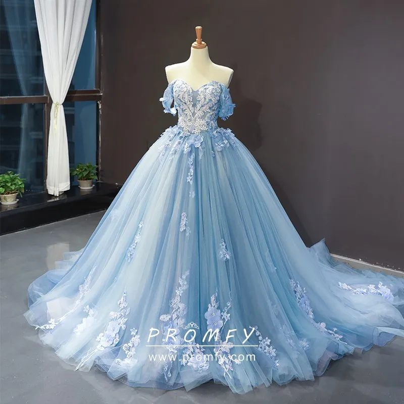 Off-the Shoulder Lace Appliqued Ice Blue Princess Gown - Promfy