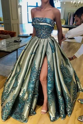Olive Green Satin Strapless Split Stylish Prom Gown - Promfy