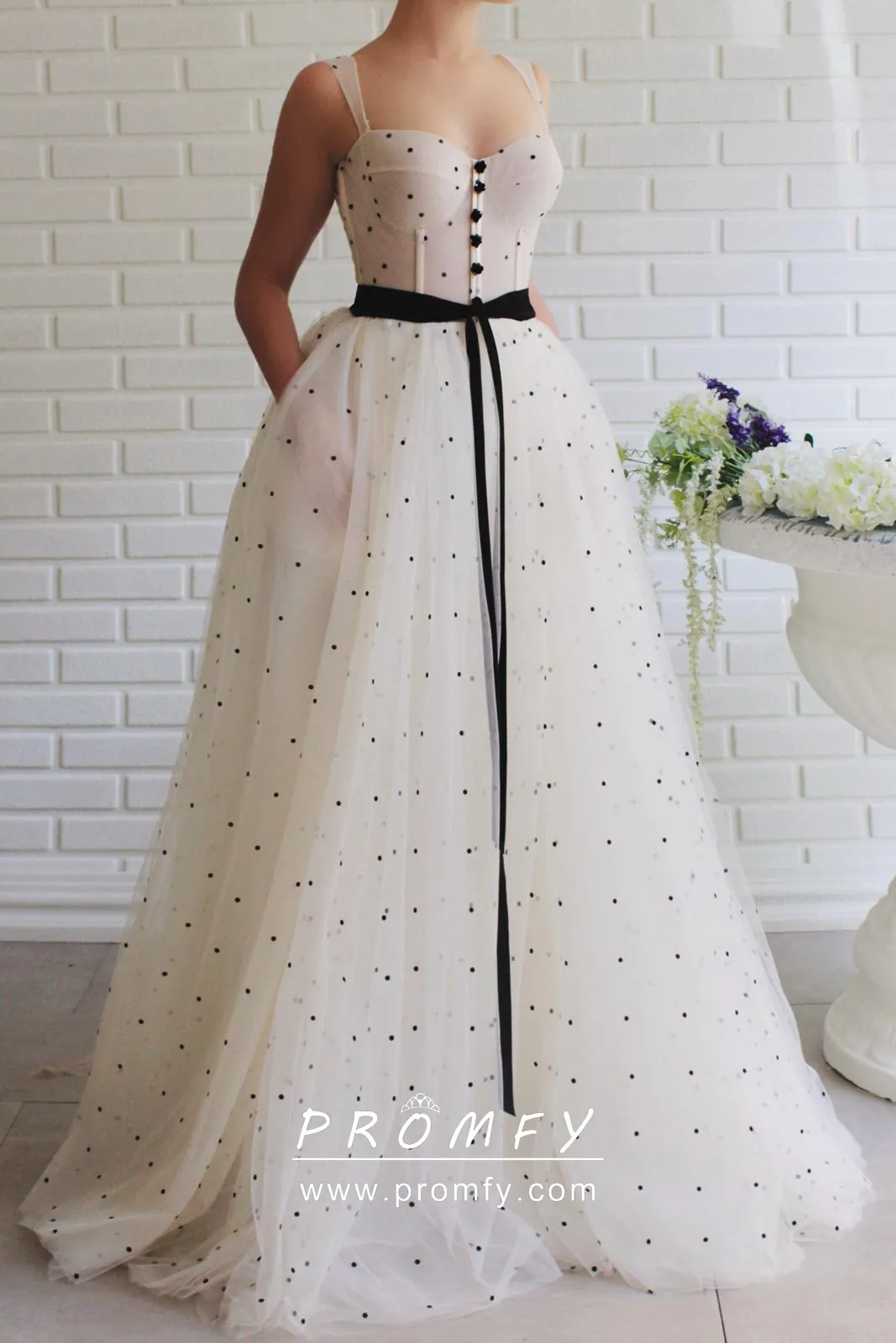 Black Polka Dot Cream Tulle Corset A-line Prom Dress - Promfy