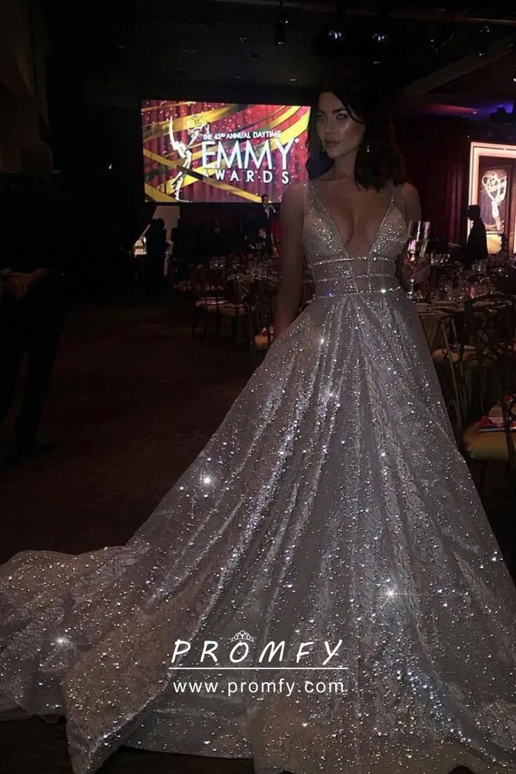 Dazzling Silver Glitter Plunging Neck Long Prom Dress - Promfy
