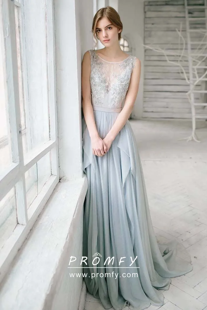 Charming Dusty Blue Scalloped V-Back Lace & Chiffon Gown - Promfy