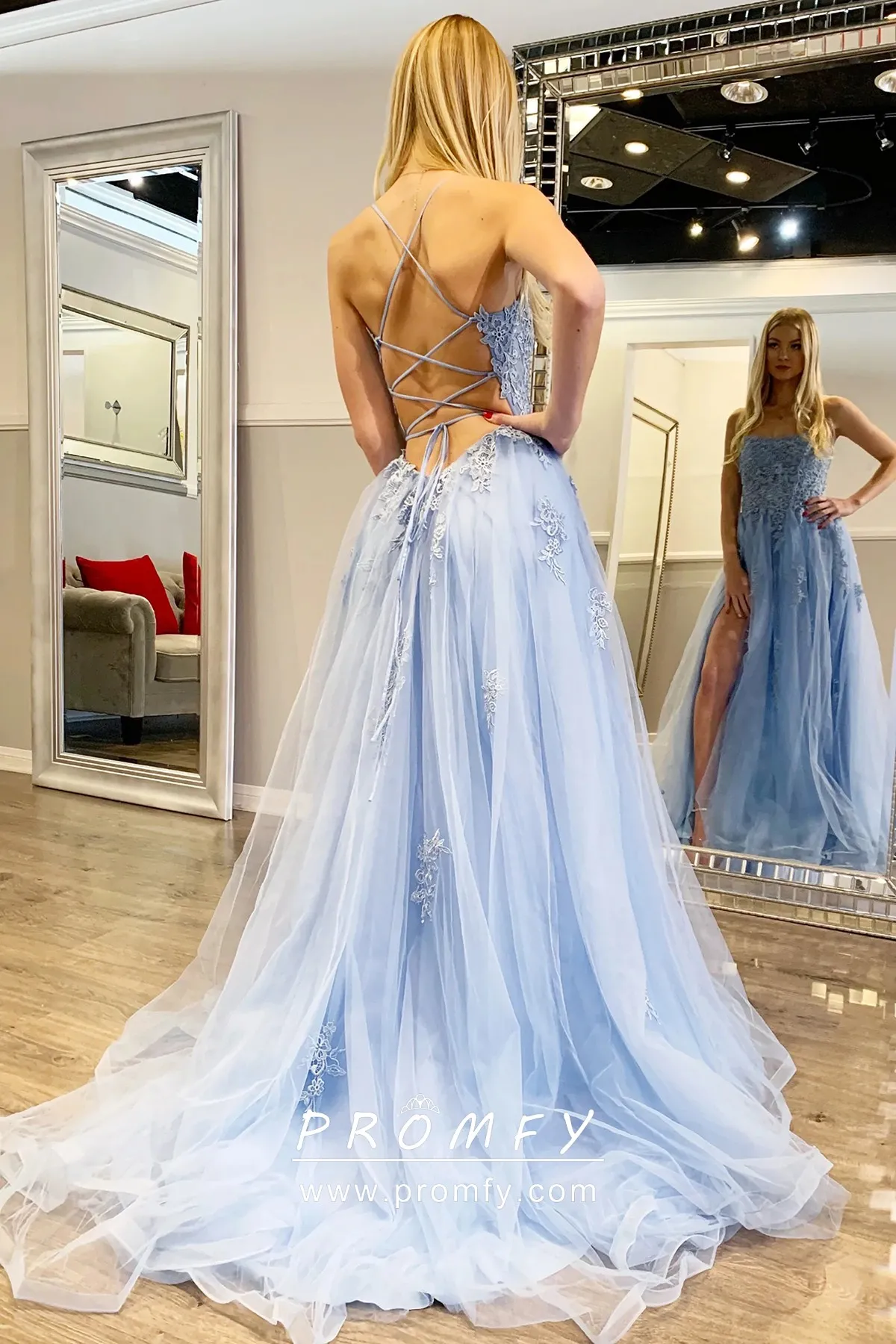Pretty Sky Blue Lace & Tulle A-line High Slit Prom Dress - Promfy