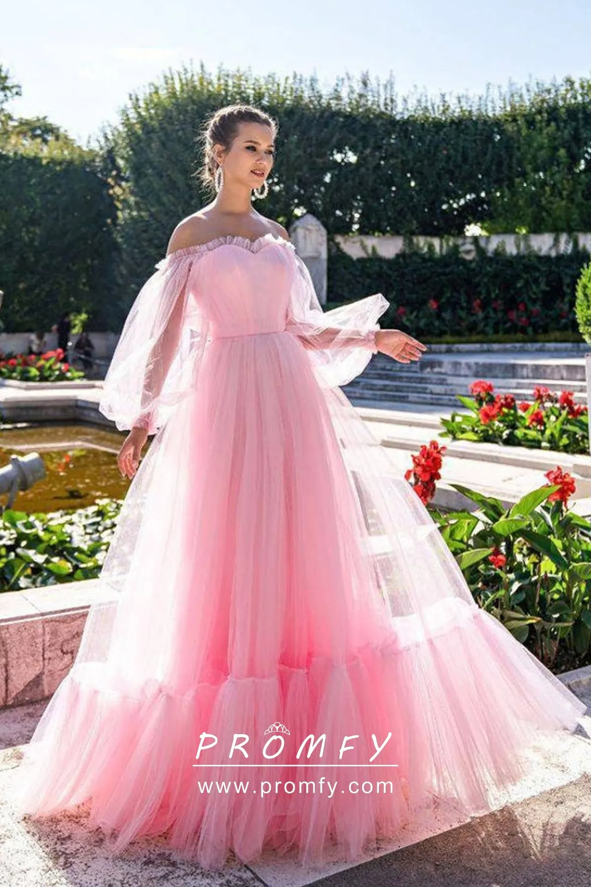Adorable Off-Shoulder Puff Sleeve Pleats Tulle Prom Gown - Promfy