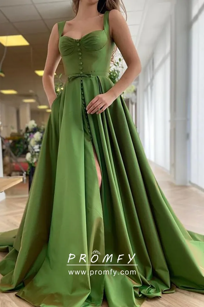 Buttons Decor Iridescent Green Satin Long Prom Dress - Promfy