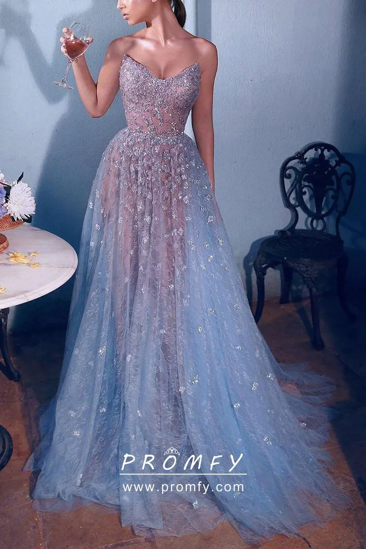 Ice Blue 3D Flower Beaded Lace Strapless Evening Dress - Promfy
