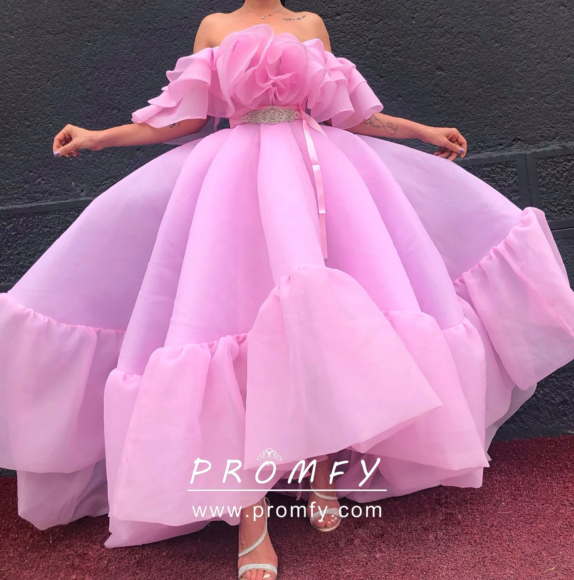 Candy Pink Ruffled Off-Shoulder Puff High-Low Prom Dress - Promfy