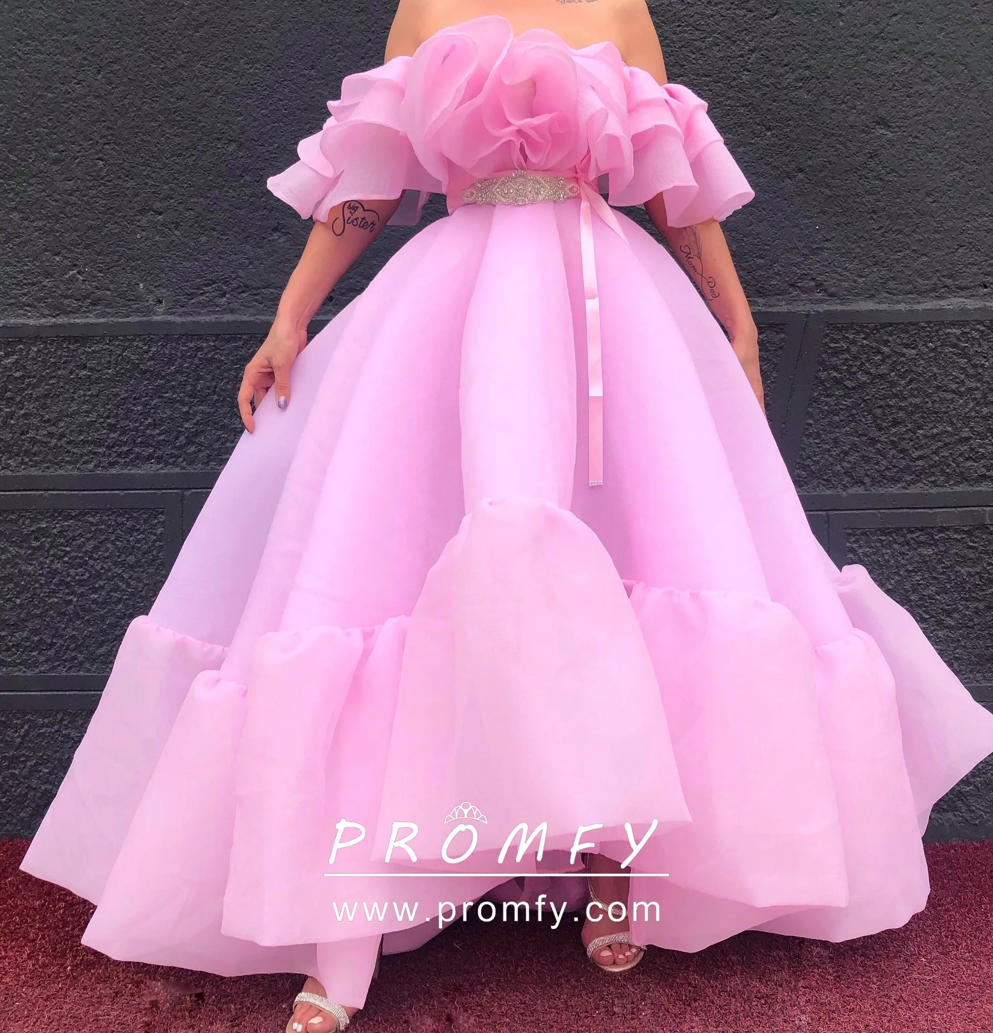 Candy Pink Ruffled Off-Shoulder Puff High-Low Prom Dress - Promfy