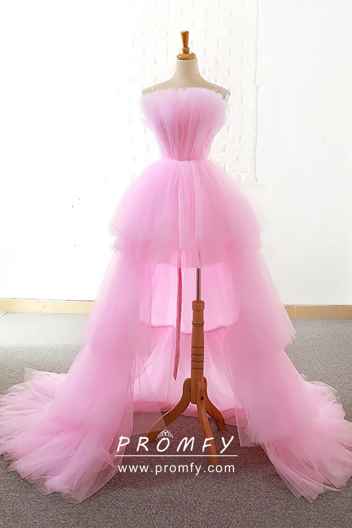 Pink Tiered Tulle High-Low Puff Tutu Prom Party Dress - Promfy