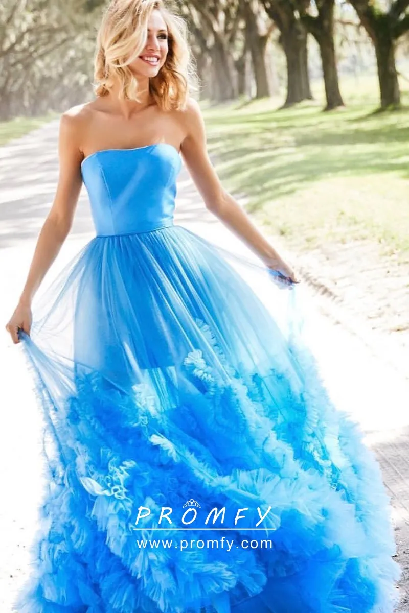 Fancy Sky Blue Strapless Ruffled Tulle Semi Formal Dress - Promfy
