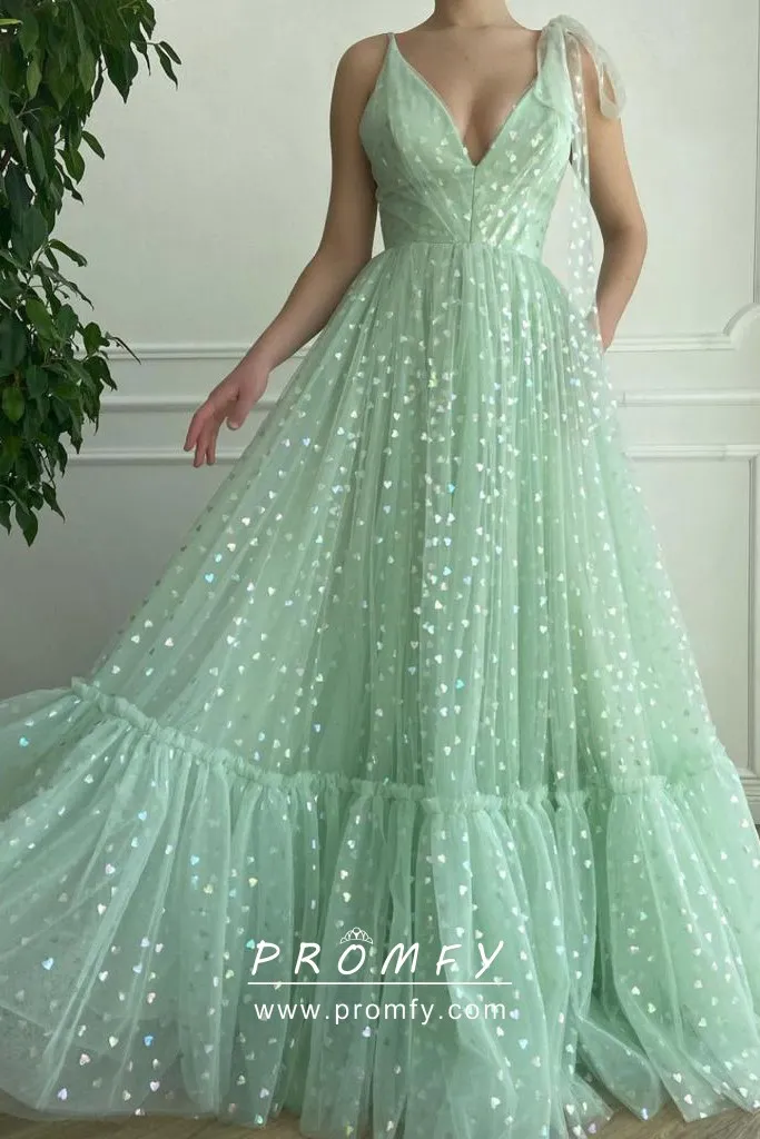 V-neck Mint Green Hearts Tulle A-line Long Prom Dress - Promfy