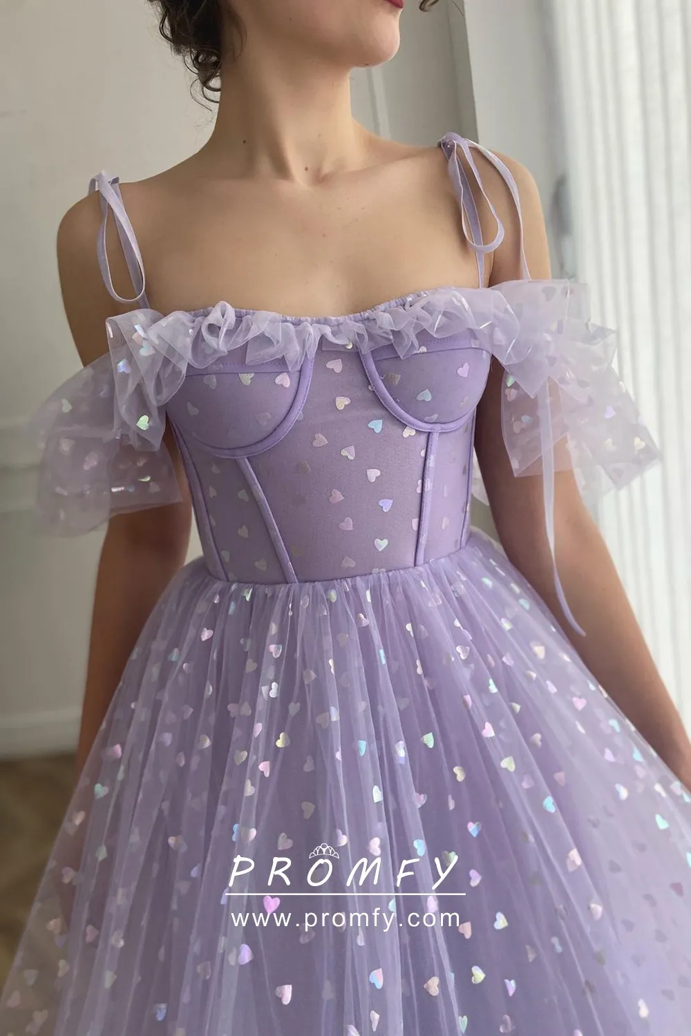 Lavender Ruffled Off-shoulder Hearty Tulle Party Dress - Promfy