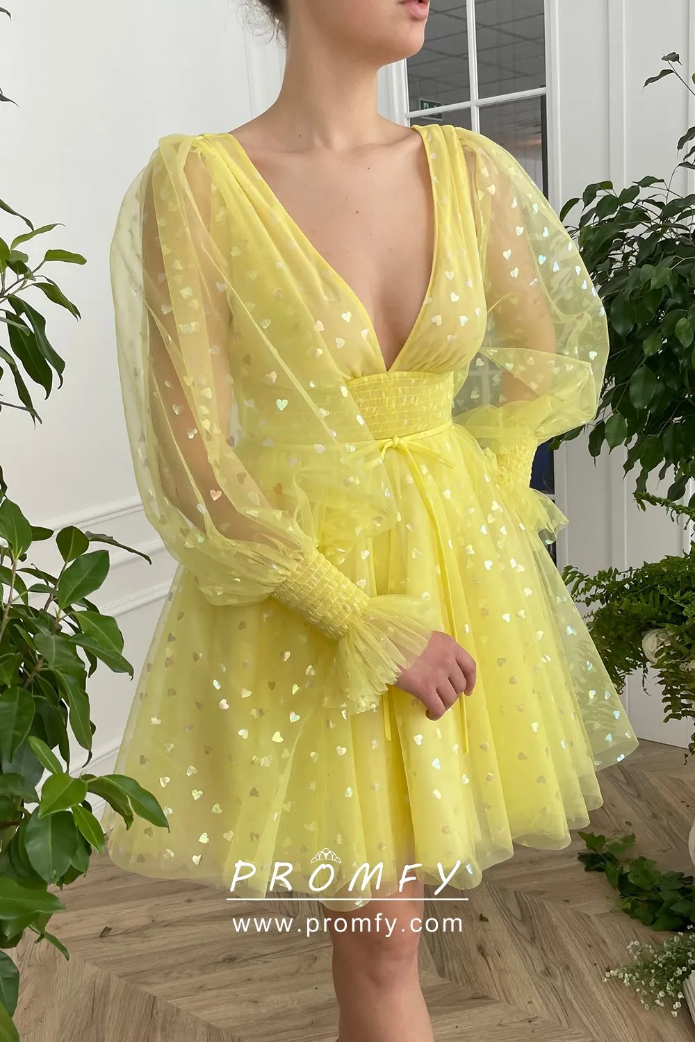 Yellow Heart Tulle V-neck Sleeved Short Homecoming Dress - Promfy