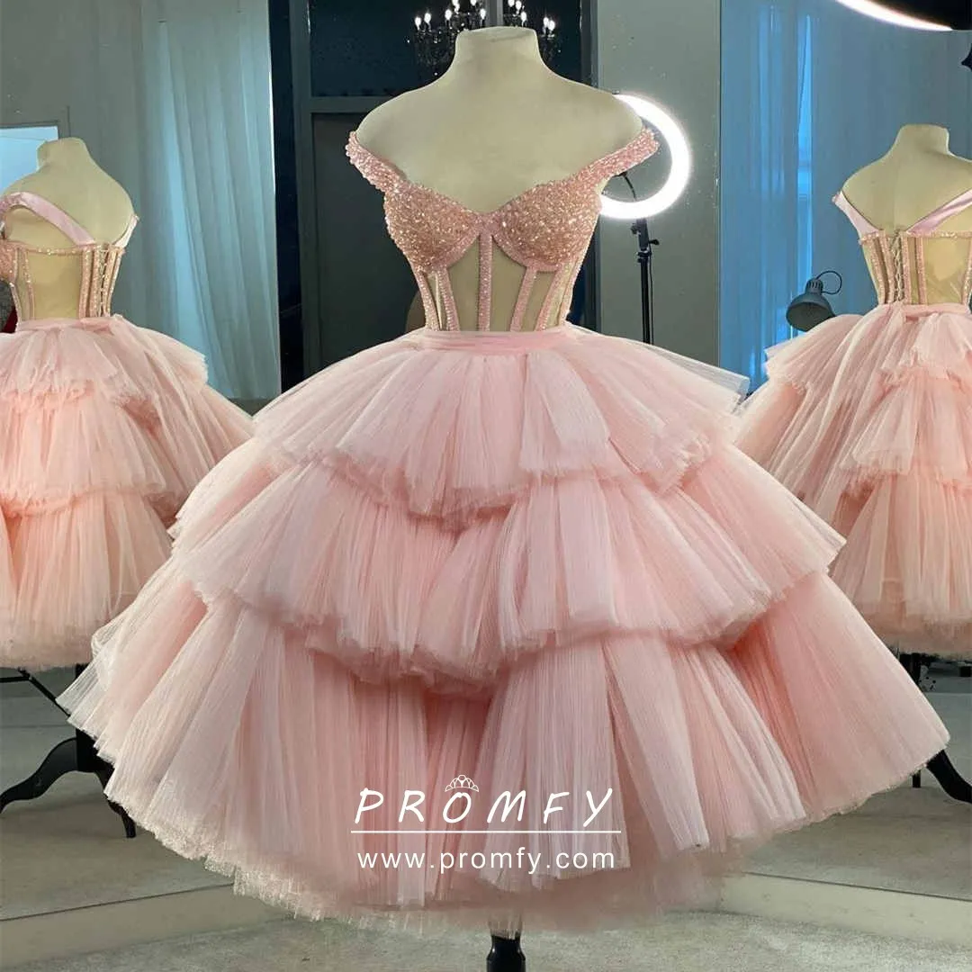 Pink Beaded Corset Tiered Tulle Midi Prom & Dance Dress - Promfy