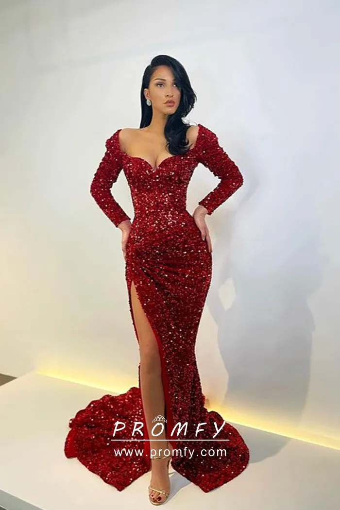 Elegant Queen Anne Neck Blue Sequin Evening Prom Dress - Promfy