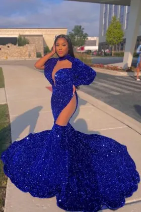 Beaded Cobalt Blue Illusion 3D Rosette Prom Dress - Promfy