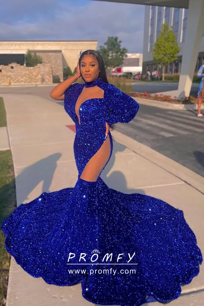 Blue Sequin Cutout Mermaid African American Prom Dress - Promfy