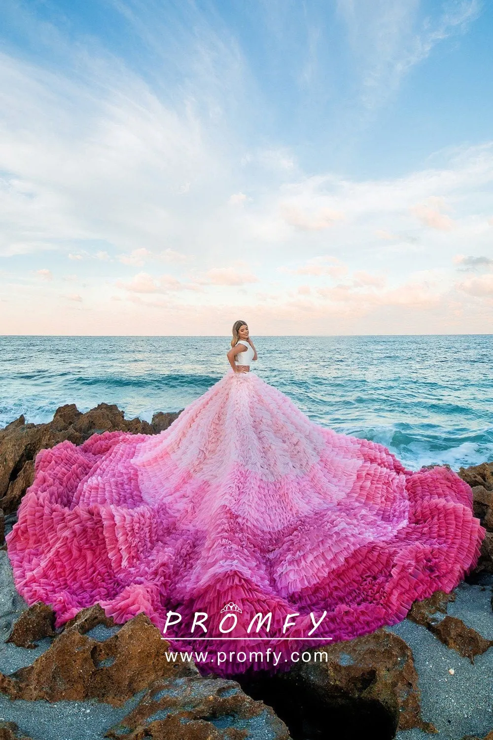 Amazing Pink Ombre Tiered Royal Train Occasion Dress - Promfy
