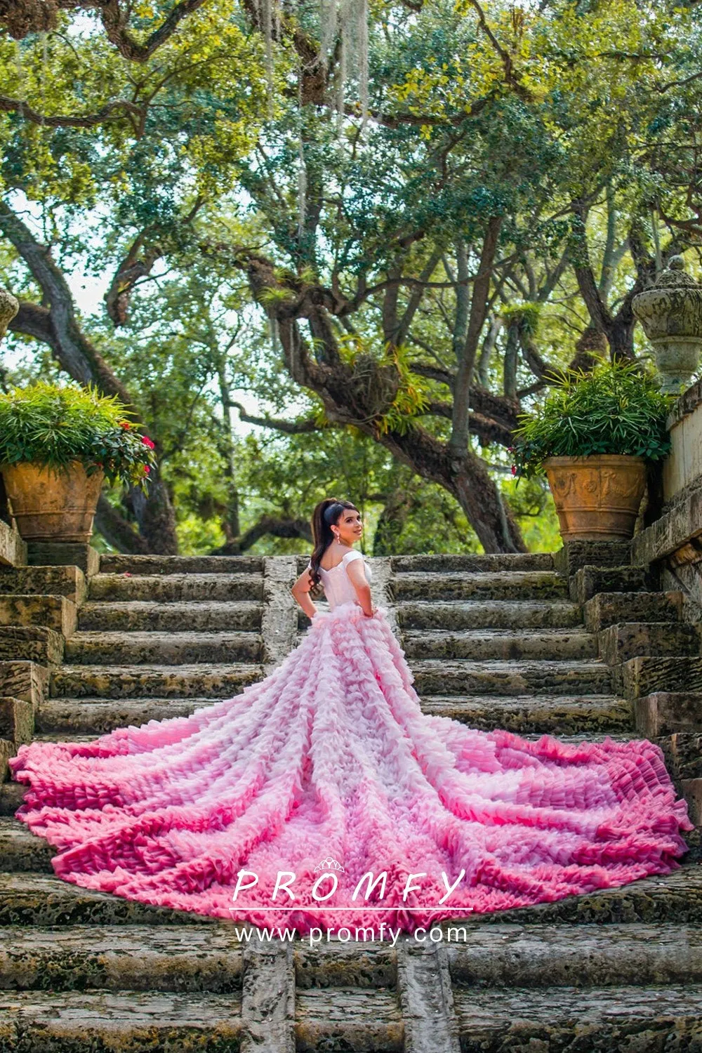 Amazing Pink Ombre Tiered Royal Train Occasion Dress - Promfy