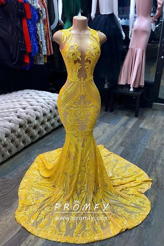 Sparkly Bright Yellow Sequin Mermaid Sexy Formal Wear - Promfy