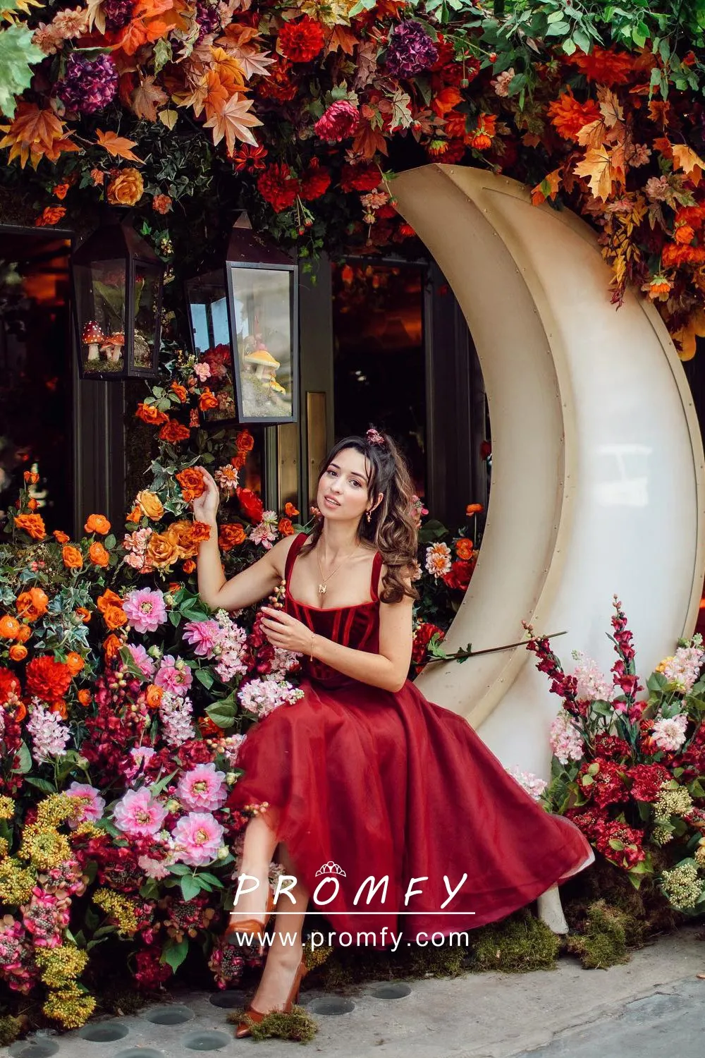 Burgundy Velvet Corset Midi Christmas Occasion Dress - Promfy