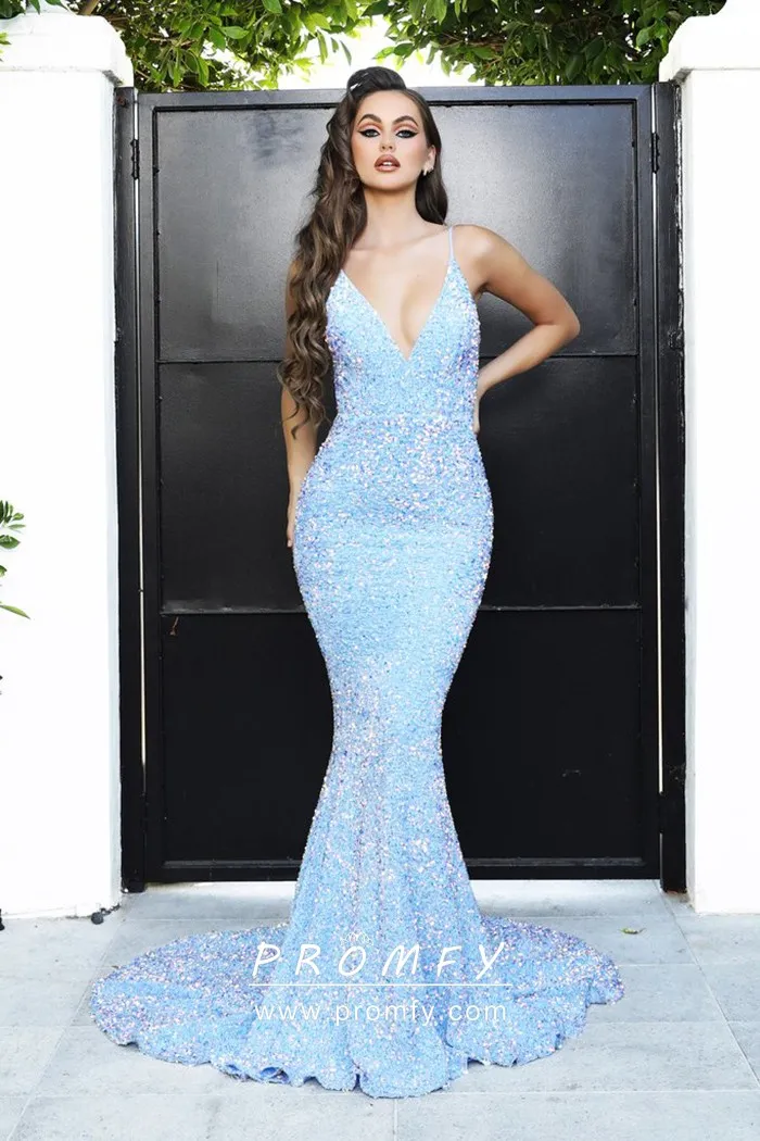 Blue V-neck Sequin Over Velvet Fit-and-Flare Formal Gown - Promfy