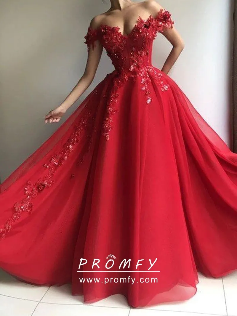 Red Glitter 3D Lace Off-the-shoulder V-neck Ball Gown - Promfy
