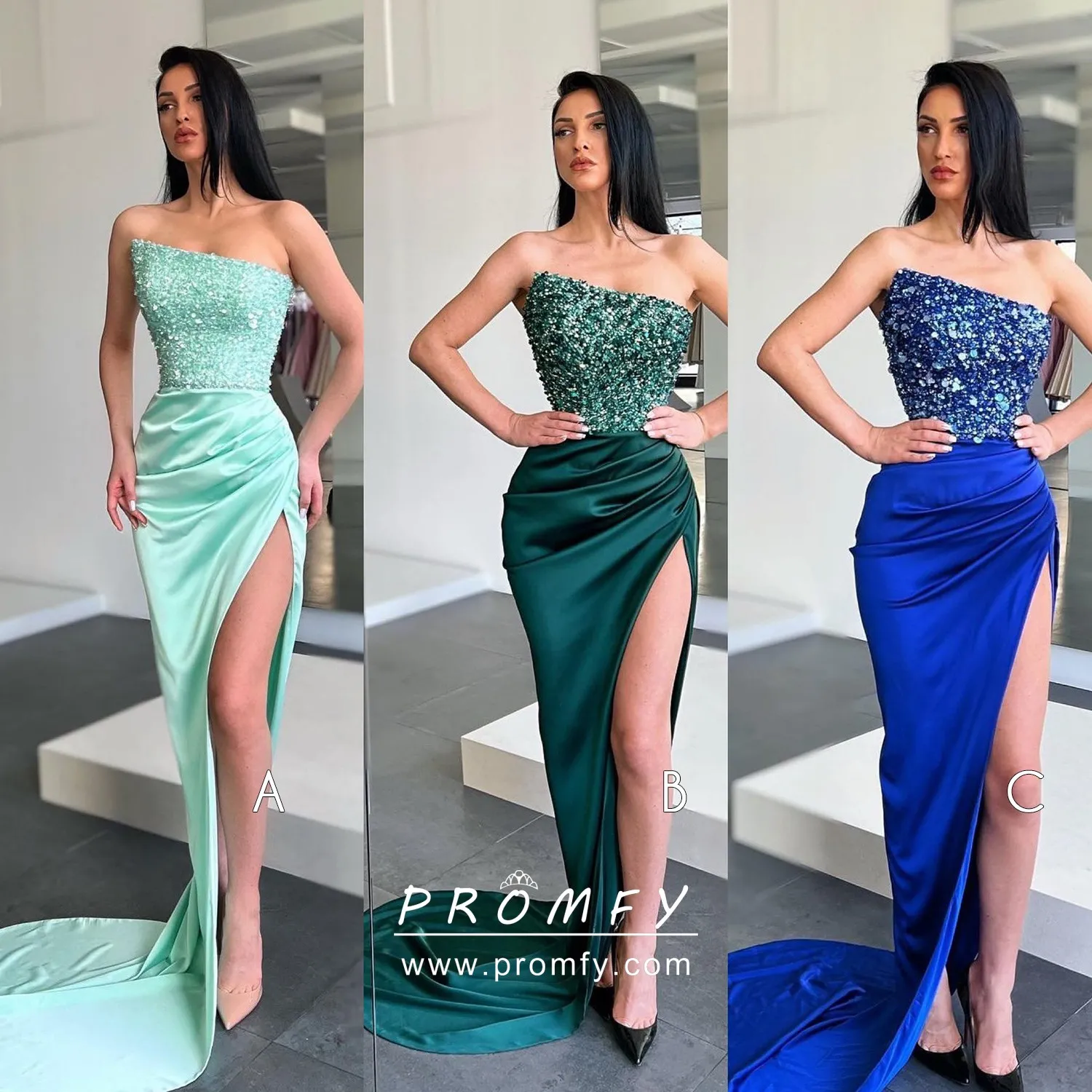 Asymmetrical Neck Strapless Slim-fit Split Prom Dresses - Promfy