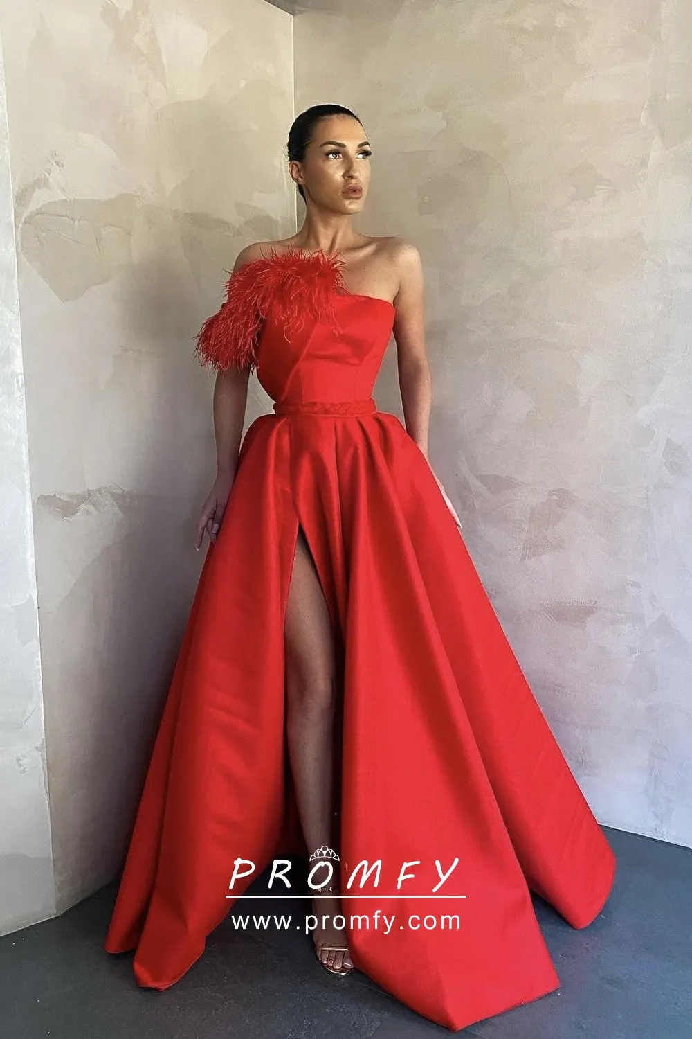 Classy Feather Neckline Red Satin A-line Prom Dress - Promfy