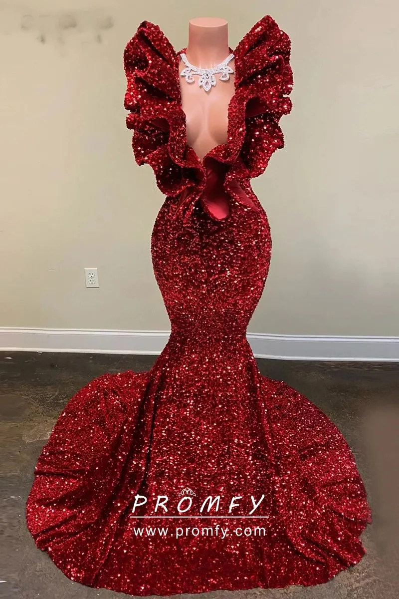 Red Sequin Ruffled-Neck Mermaid Special Occasion Dress - Promfy