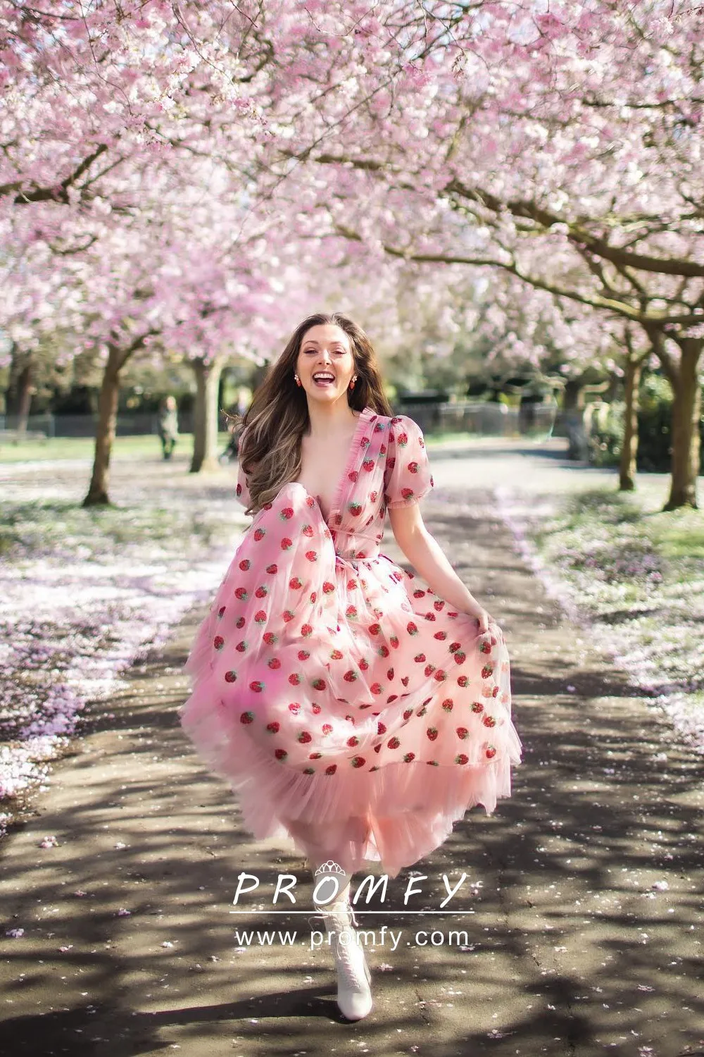 Short Sleeve A-line Ruffled Midi Summer Strawberry Dress - Promfy