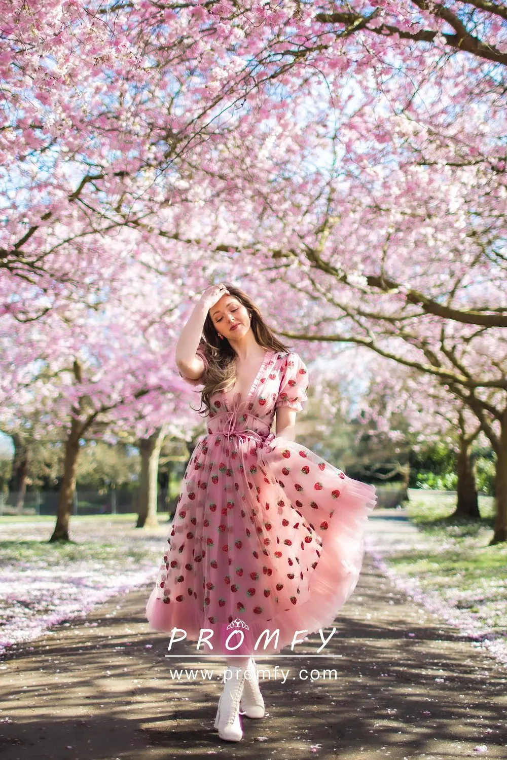 Short Sleeve A-line Ruffled Midi Summer Strawberry Dress - Promfy