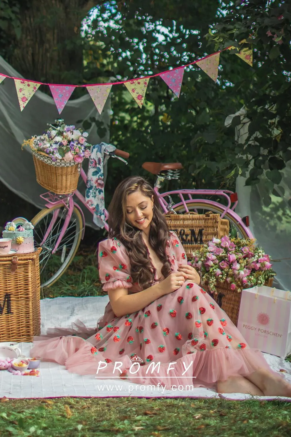 Short Sleeve A-line Ruffled Midi Summer Strawberry Dress - Promfy