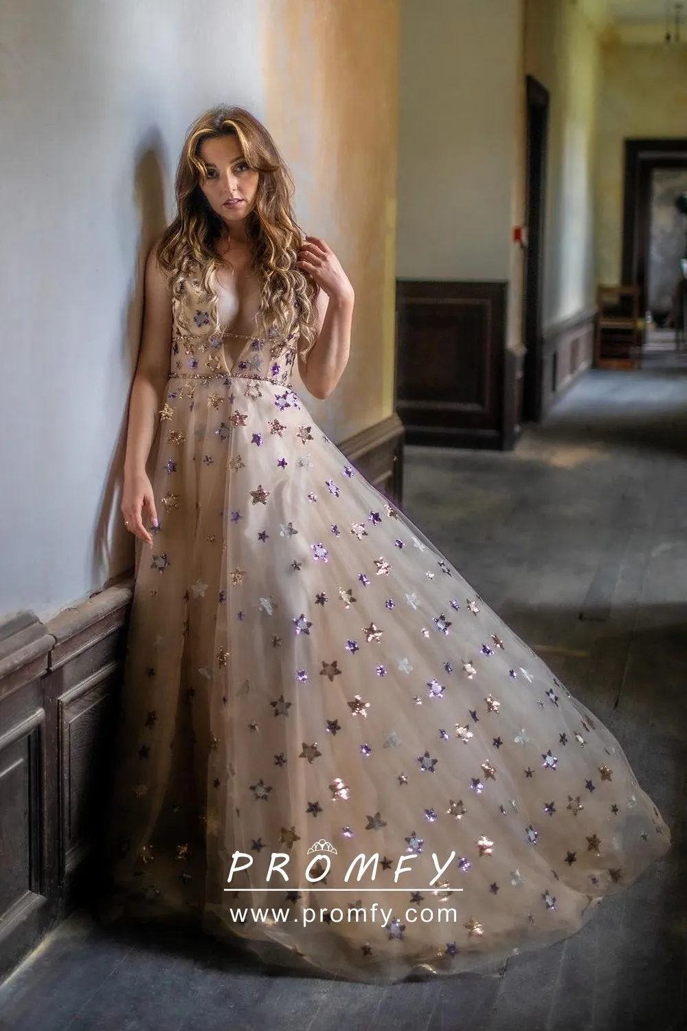 Reviews of Dazzling Starry Plunging Neck A-line Long Formal Dress - Promfy