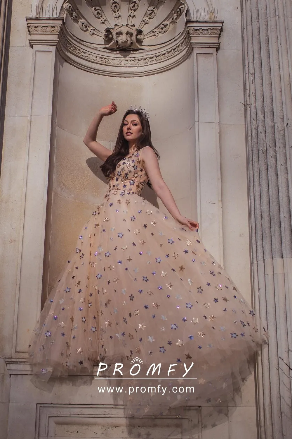 Dazzling Starry Plunging Neck A-line Long Formal Dress - Promfy