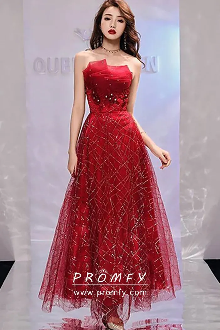 Sparkly Red Sequined Mesh A-line Ankle Length Prom Dress - Promfy