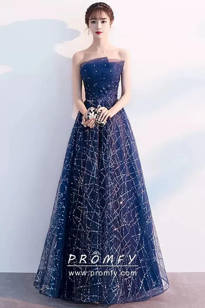 Shimmer Navy Blue Tulle Strapless Graduation Prom Dress - Promfy