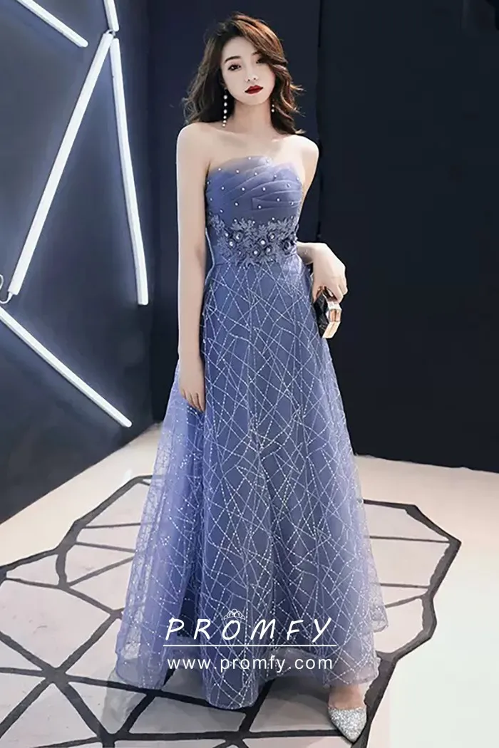 Dusty Blue Sequined Tulle & Lace A-line Graduation Dress - Promfy