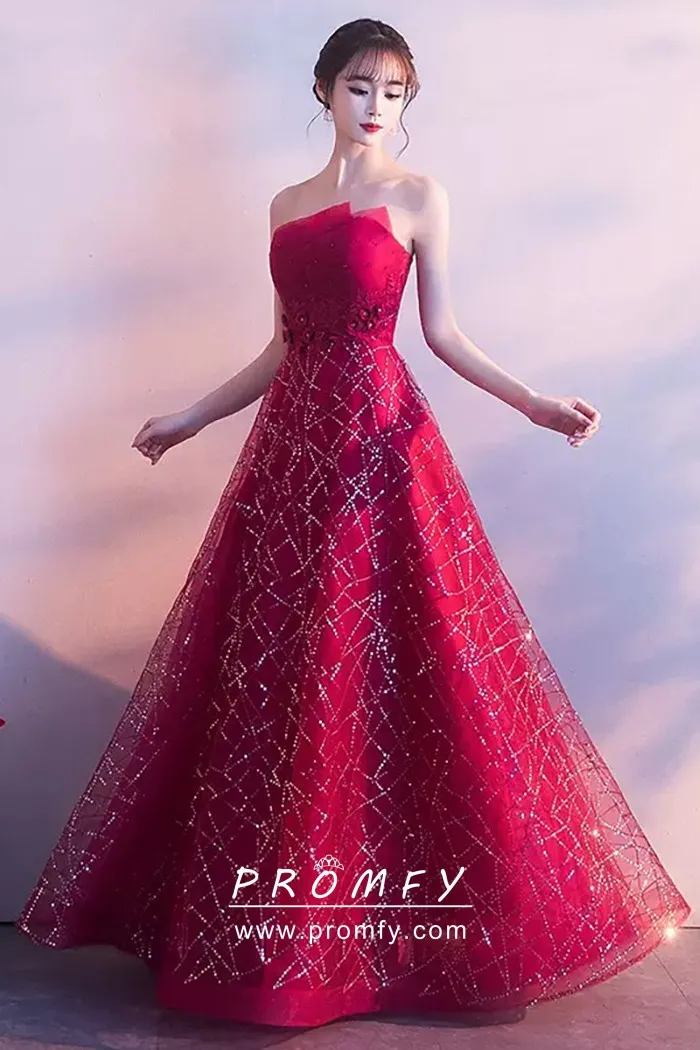 Red Sequined Tulle Strapless A-line Prom & Dance Dress - Promfy