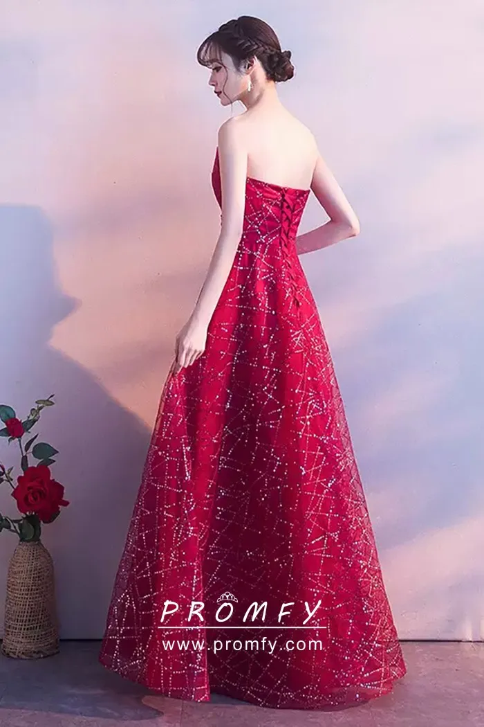 Red Sequined Tulle Strapless A-line Prom & Dance Dress - Promfy