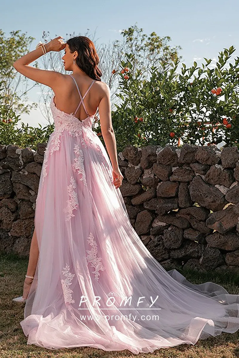 Spaghetti Strap Pink Lace & Tulle Slit Classic Prom Gown - Promfy
