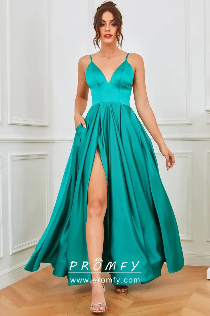 Trend Spaghetti Strap Turquoise Satin A-line Formal Wear - Promfy