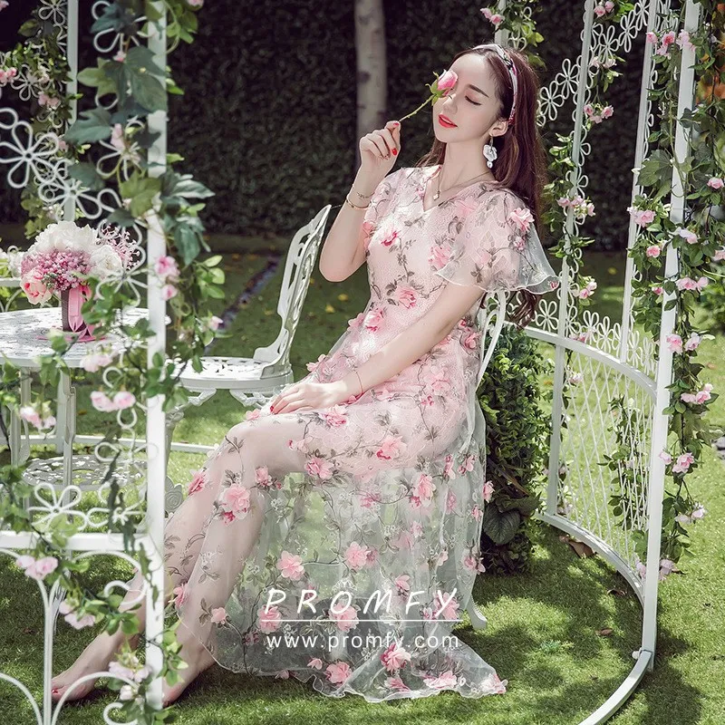Pretty 3D Pink Floral Transparent Organza Maxi Dress - Promfy