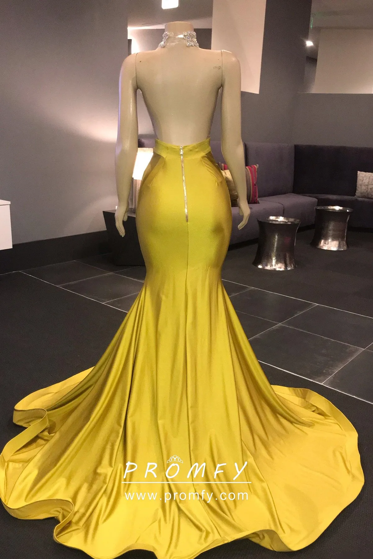 Mango Yellow Beaded Sheer Bodice Mermaid Prom Dress - Promfy