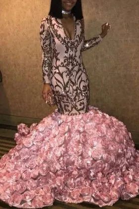 Rose Gold Sequin and Pink 3D Rosettes Prom Dress - Promfy